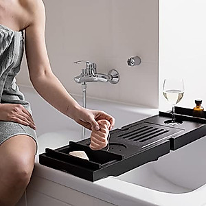 Navaris Bed and Bath Tray - Wooden Rack with Folding Legs - Bamboo Bathtub Caddy Bridge Shelf with Book or Tablet Stand - Black