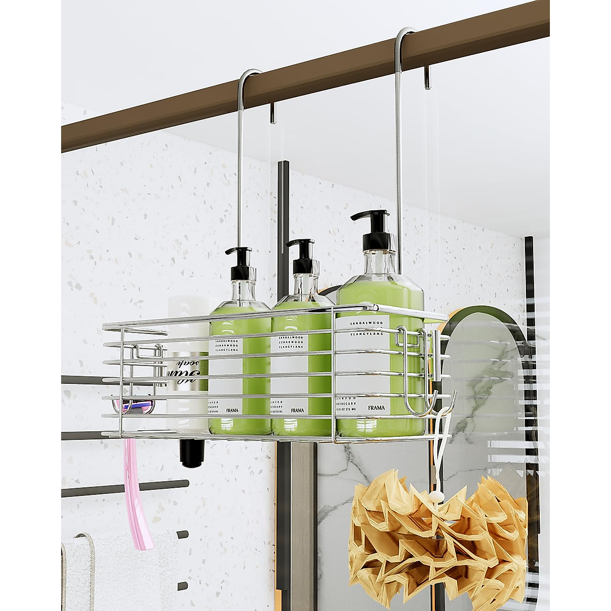 QIHS Shower Caddy Hanging Hanging Bathroom Door Organizer Shampoo Holder Shower Armpit Swivel Arm With 2 Storage Hooks, 304 Stainless Steel Rust Resistant