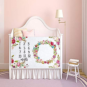 Baby Monthly Milestone Blanket Girl - Large 60''x40'' Floral Plush Fleece Photography Background Prop Newborn Soft Wrinkle-Free Flower Blanket Bonus Wreath Headband