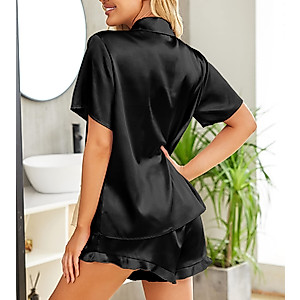 HOTOUCH Womens Silk Satin Pajamas Set Button Down Short Sleeve Sleepwear Set 2 Piece Ruffled Pjs Black, M
