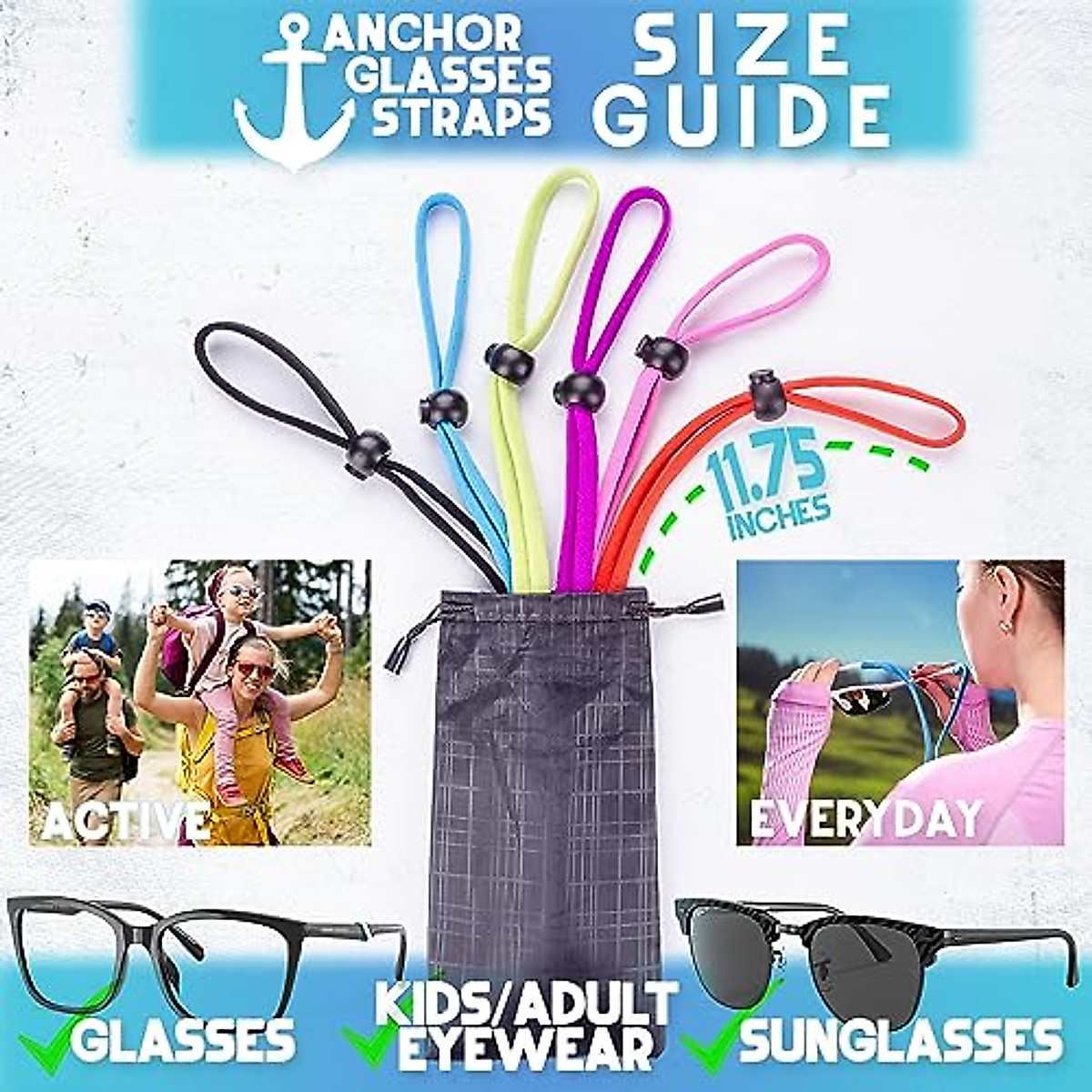 Anchor Glasses Straps Sunglasses Strap Adjustable Stretch Universal Fit for Kids to Adult Sport Eyewear Holder Retainer