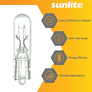 Sunlite T1.75 Mini-Tube Bulb, 1.12 Watts, 4 Lumens, 14 Volts, C-2F Filament, European Glass Wedge W2x4.6d Base, Clear Finish, 2800K Soft White, for Automotive & Indicator Lights, 10 Pack