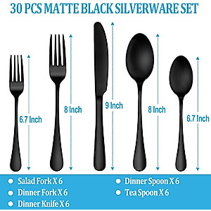 30 Piece Silverware Set Service for 6,Premium Stainless Steel Flatware Set, Mirror Polished Cutlery Utensil Set, Durable Home Kitchen Eating Tableware Set, Include Fork Knife Spoon Set (Black)