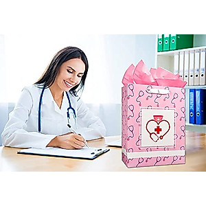 SICOHOME Nurse Gift Bag 13" Graduation Gift Bag with Tissue Paper and Greeting Card for Nurse Gifts for Women for Nurse Doctor Large Graduation Gift Bag with Nursing School Grads Medical School Graduate,Social Worker