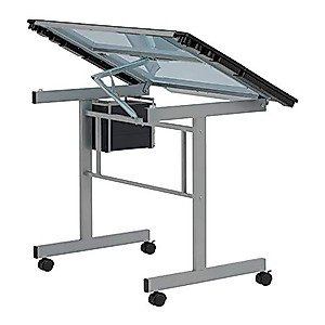 Studio Designs Vision Craft and Drawing Station - 35.5" W by 23.75" D Silver-Blue Glass Top Drafting Table with Pencil Drawers, Side Trays, & Built-In Pencil Ledge - Angle Adjustable Work Surface