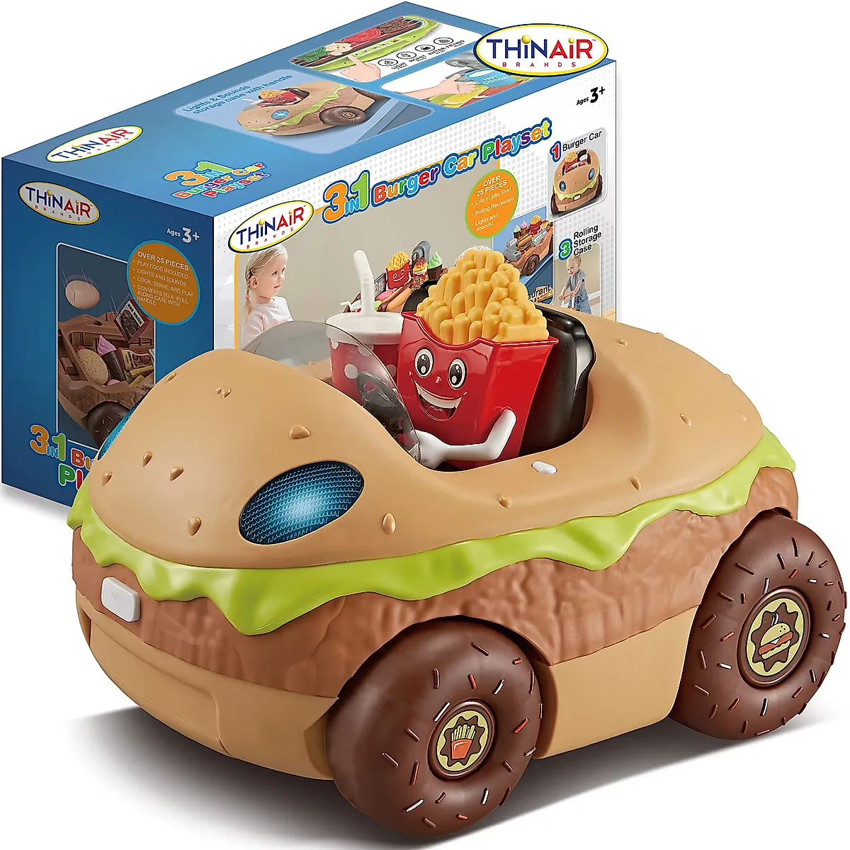 Burger Car Kids’ Kitchen Playset: 3 Pretend Play Toys in 1 with Fun Lights & Sounds, Includes Burger-Shaped Toy Car, Toy Food, Toy Grill & Toy Restaurant/Food Truck for Kids 3 & Up