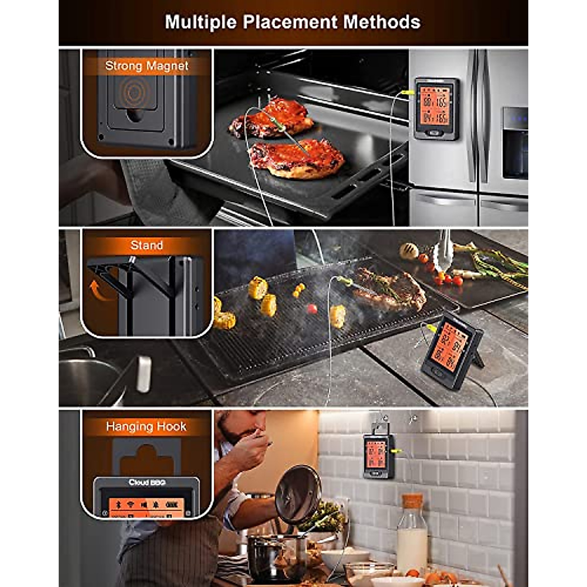 Cloud bbq Wireless Meat Thermometer of 500FT, Bluetooth Meat Thermometer for Smoker Oven, Grill Thermometer with Four Probes, Smart Rechargeable BBQ Thermometer for Cooking Turkey Fish Beef
