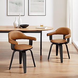 Art Leon Swivel Dining Chairs Set of 2, Mid Century Modern Faux Leather Kitchen Dining Room Chairs, Bentwood Accent Chairs with Wood Legs, Brown