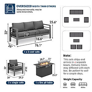 UDPATIO Aluminum Patio Furniture with Fire Pit Table, 4 Pieces Modern Aluminum Outdoor Sectional Conversation Set with Grey Cushion