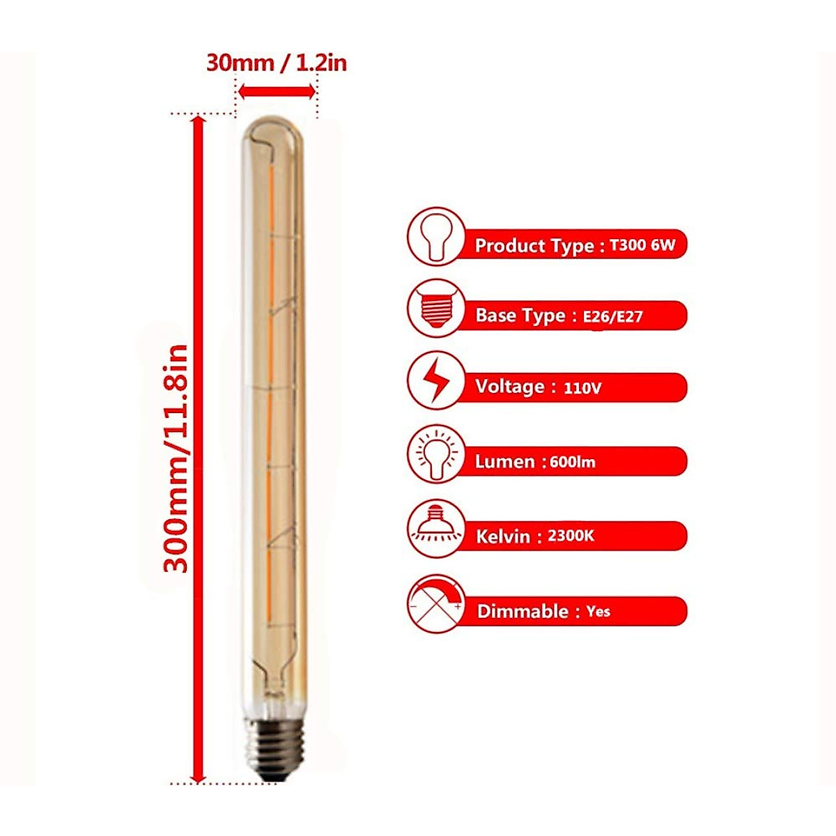 T300 Vintage LED Filament Bulb T300 6W Dimmable Vintage Edison Light Bulb Long Tubular Vintage LED Light,E26/E27 Medium Base,Amber Glass,Warm White 2300K,6W(40W Equivalent),Dimmable,Pack of 4
