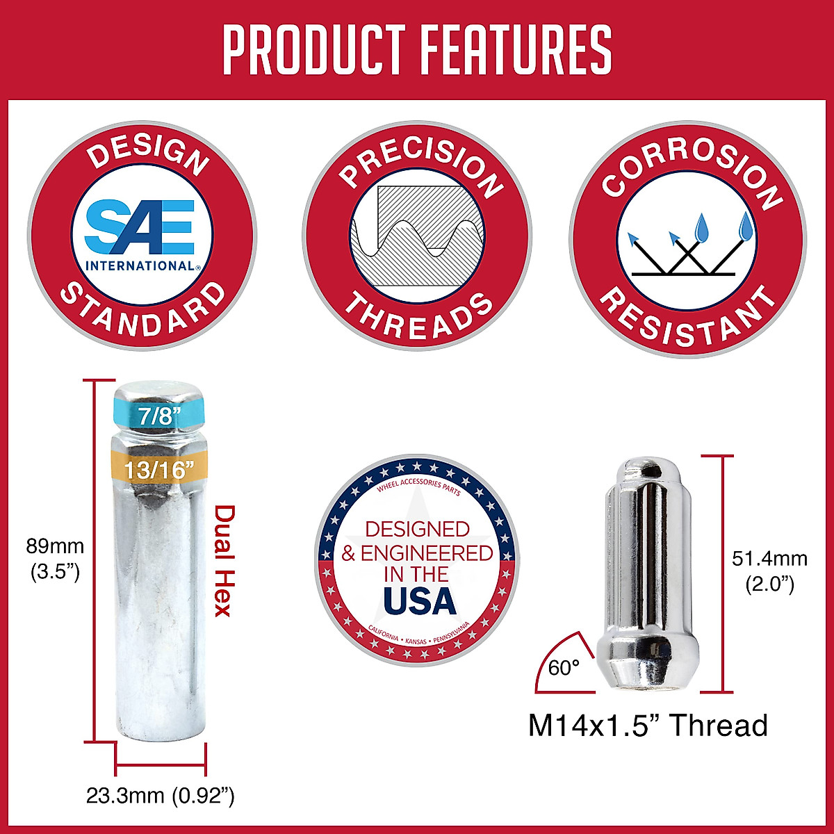 Wheel Accessories Parts 24 Pcs M14x1.5 14x1.5 Thread Truck 2.00" Long Spline Lug Nuts Chrome 6 Spline Hex Fits 1999+ Chevy Silverado GMC Sierra 1500 2015+ Ford F 150 Nissan Titan XD 2019+ Ram 1500