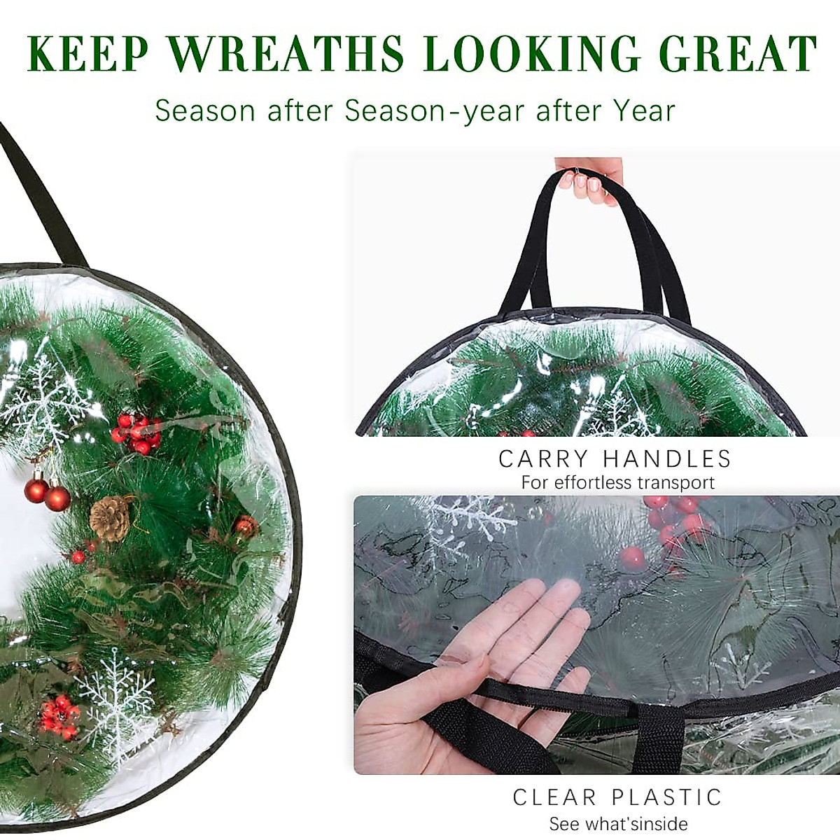 foci cozi 2-Pack Christmas Wreath Storage Container 24'', Clear Wreath Storage Bags with Dual Zippers for Xmas Seasonal Thanksgiving Holiday Artificial Wreath Storage