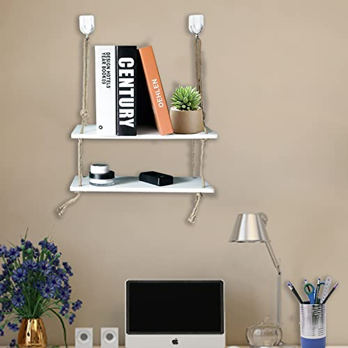 JUNNAN CAIHONG Hanging Shelves for Wall, 2 Tier Floating Shelves Wood Wall Shelves, Wall Mounted Rope Shelves for Storage and Display in Bedroom Living Room Bathroom Kitchen Office and More