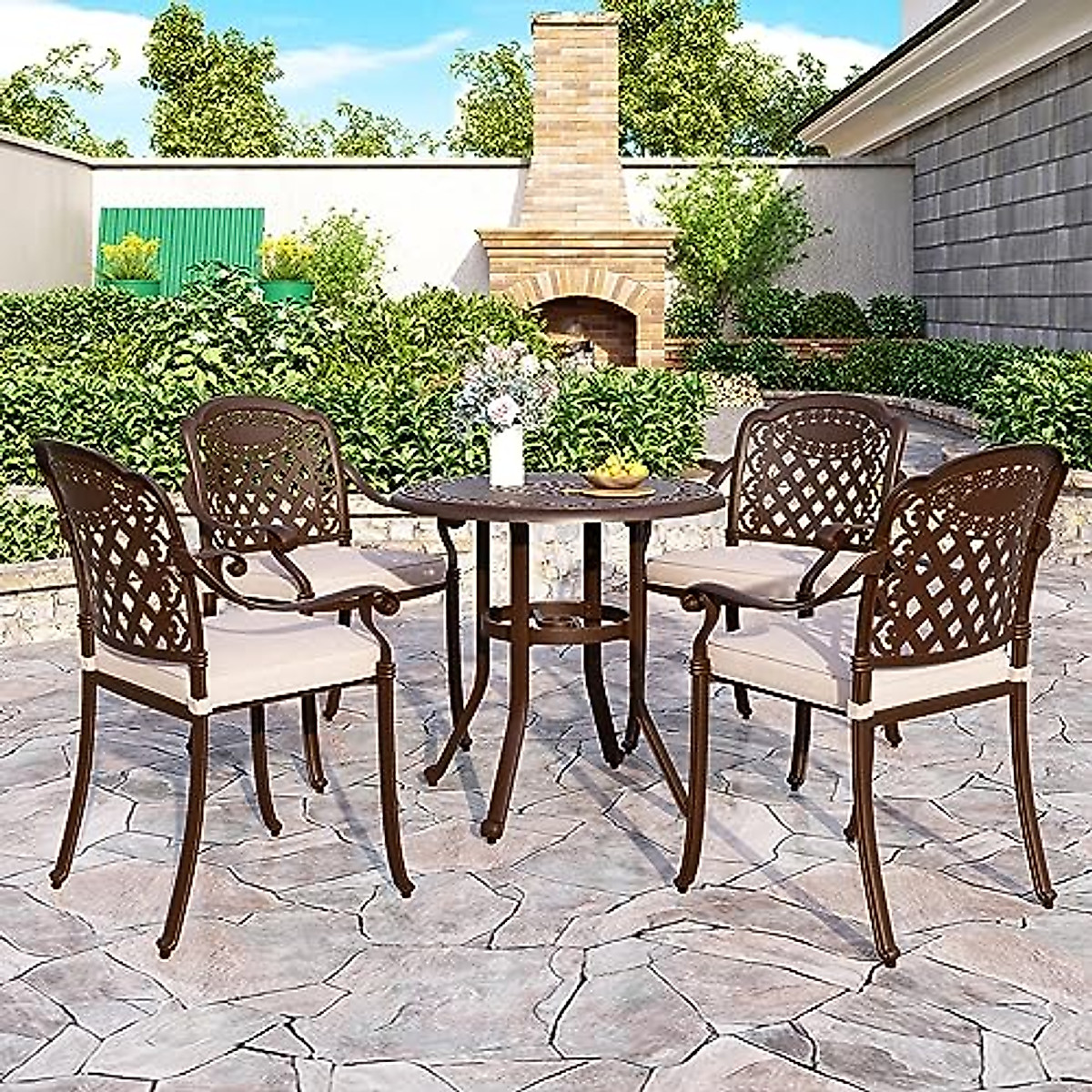 Sophia & William Outdoor Patio Dining Set 5 Pieces Cast Aluminium Bronze with 4 Cushioned Chairs Armchairs and Round Table 1.97" Umbrella Hole, Retro Patio Furniture for Porch Yard Deck Garden Lawn