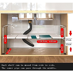 Kitchen Sink Shelf，Height and width Adjustable，Retractable Cabinets Single-layer Spice Rack，Depth 35cm，Width >86cm，5 Pcs Boards，Pot Storage Rack，Cabinet、Kitchen Storage Rack (White)