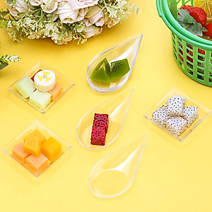 400 Pcs Mini Dessert Plates with Tasting Spoons Disposable Serving Trays 100 Pcs Small Square Appetizer Plates 100 Pcs Clear Plastic Plates 200 Pcs Mini Spoons for Desserts Party Fruit (Water Drop)