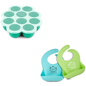 Silicone Baby Food Freezer Tray with Clip-on Lid and Baby Silicone Bibs Bundle - Breast Milk Trays for Freezer (Alpine Green) - Waterproof, Easy Wipe Silicone Bib for Babies, Toddlers (Cloud Nine)