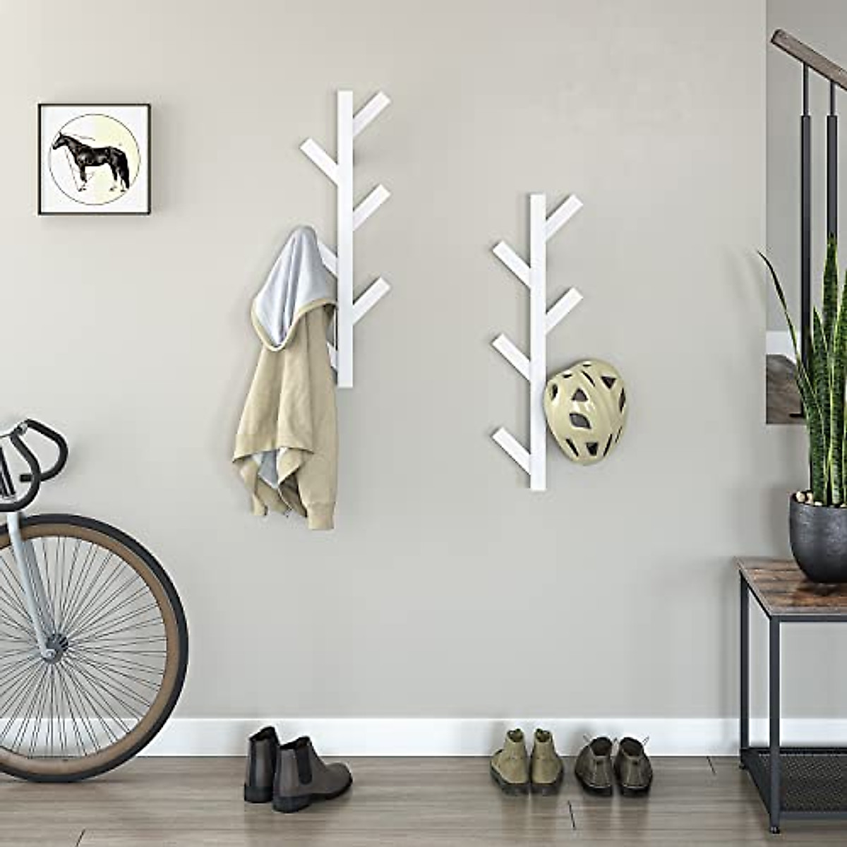 Ballucci Tree Coat Rack Wall Mounted, Wood Tree Branch Coat Hooks for Hats, Caps, Scarves, Umbrellas, Towels, Jewelry - White