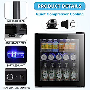Antarctic Star Mini Fridge Cooler - 70 Can Beverage Refrigerator Black Glass Door for Beer Soda or Wine –Small Drink Dispenser Machine Clear Front Removable for Home, Office or Bar, 1.6cu.ft.