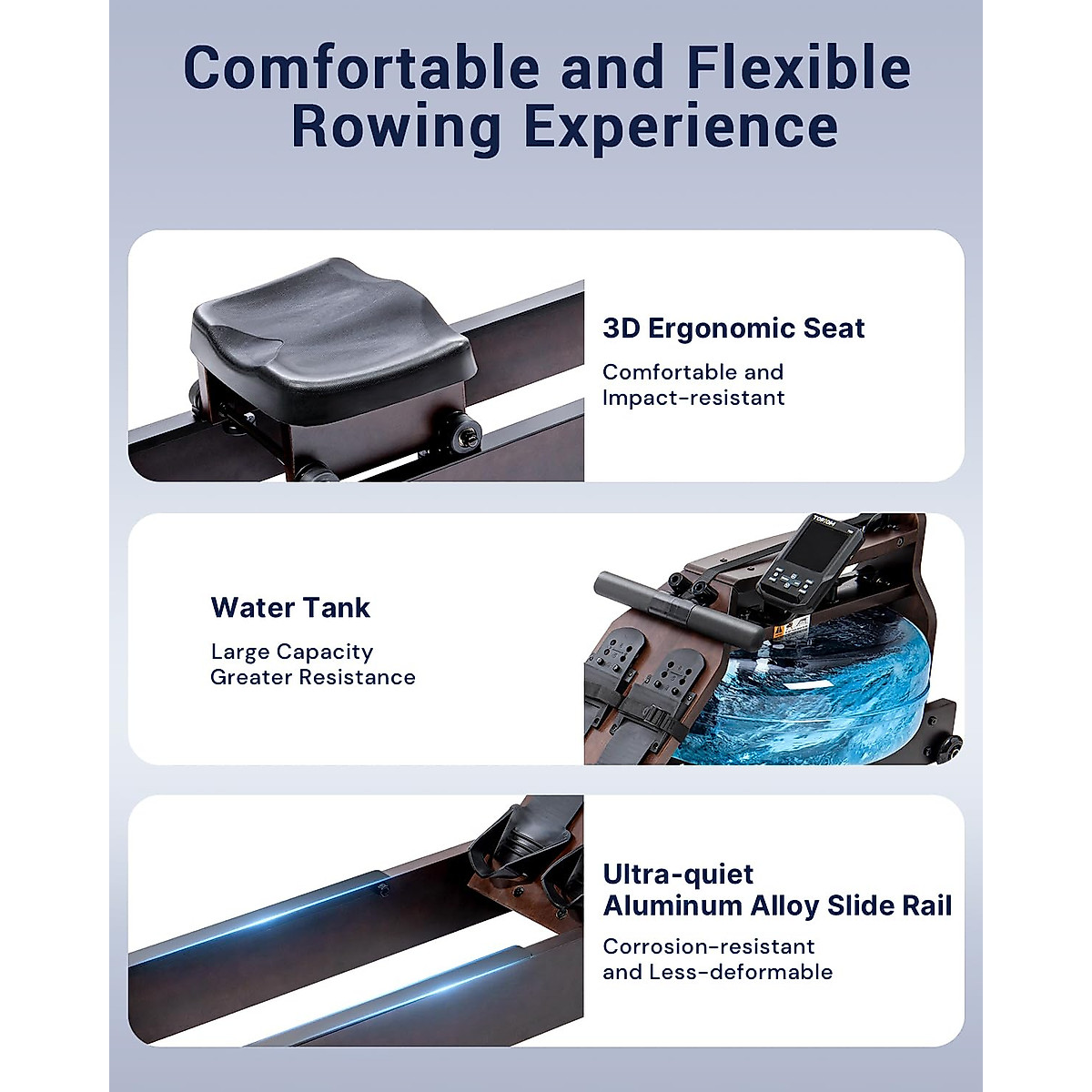 TOPIOM Water Rowing Machine with TM-3 Performance Monitor, 400 lbs Max Load, Oak Wood Rower Machine