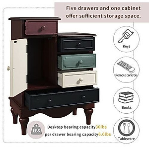 MAXCBD Nightstand Bedside Table Drawer Cabinet Bedroom Nightstand Vintage Cabinet with 5 Drawers & 1 Storage Cabinet Brown Vintage Style Storage Tower Dresser