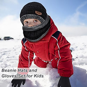 3 Pcs Boys Girls Winter Beanie Hat Scarf Gloves Set Thick Knitted Warm Toddler Winter Hat Mittens Neck Warmer for Kids Black