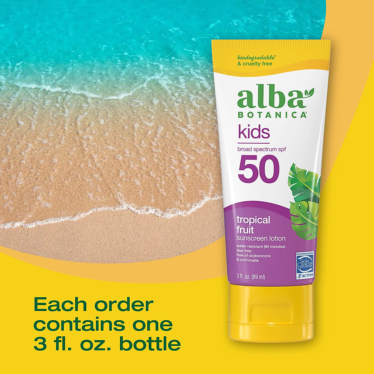 Alba Botanica Kids Sunscreen for Face and Body, Tropical Fruit Sunscreen Lotion for Kids, Broad Spectrum SPF 50, Water Resistant and Hypoallergenic, 3 fl. oz. Bottle