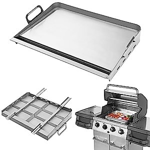Flat Top Grill, Griddle for Gas Grill 24"x16" with Removable Grease Tray, Stove Top Griddle Even Heat Distribution, Stainless Steel Griddle Grill with Retractable Stand Accommodates Different Grill