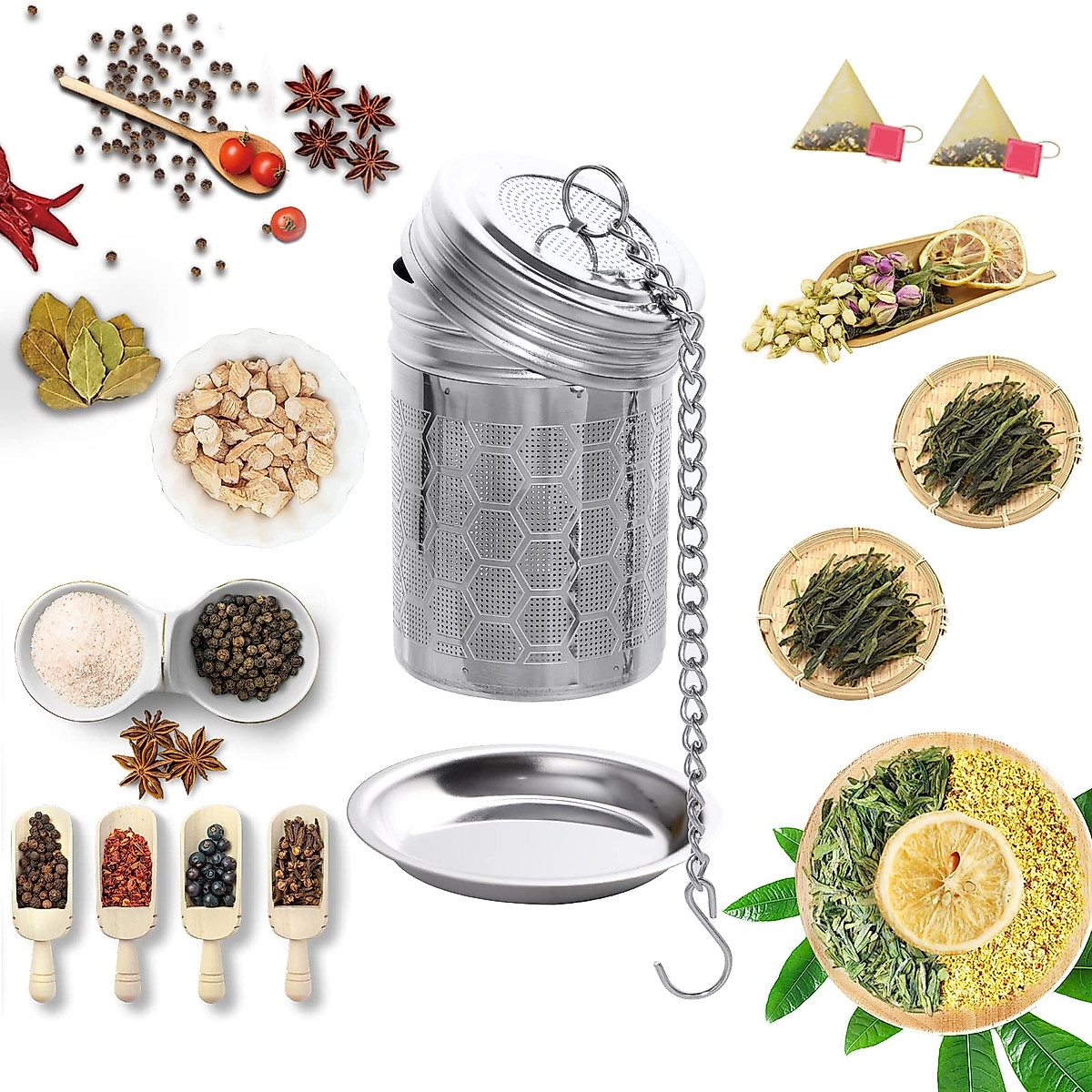 2 Pack Tea Strainers for Loose Tea 304 Stainless Steel Tea Infuser Mesh Loose Leaf Tea Steeper Tea Diffuser with Chain Hook and Threaded Lid for Black Tea, Spices and Seasonings