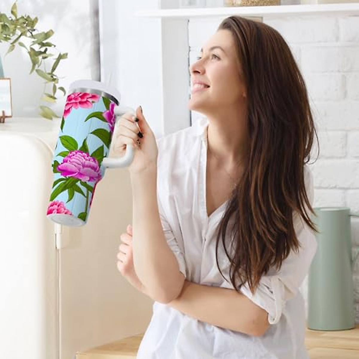 RPLIFE Pink Peonies Light Blue Stainless Steel Coffee Mug, Insulated Tumbler, Tumbler for Men