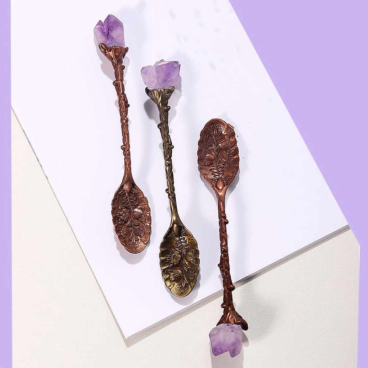 Leadigol 2pcs Retro Crystal Antique Spoon Coffee Spoon Tea Spoon,Amethyst Crystal Alloy Spoons,Mini Ice Cream Decorative Spoons, for Home Office