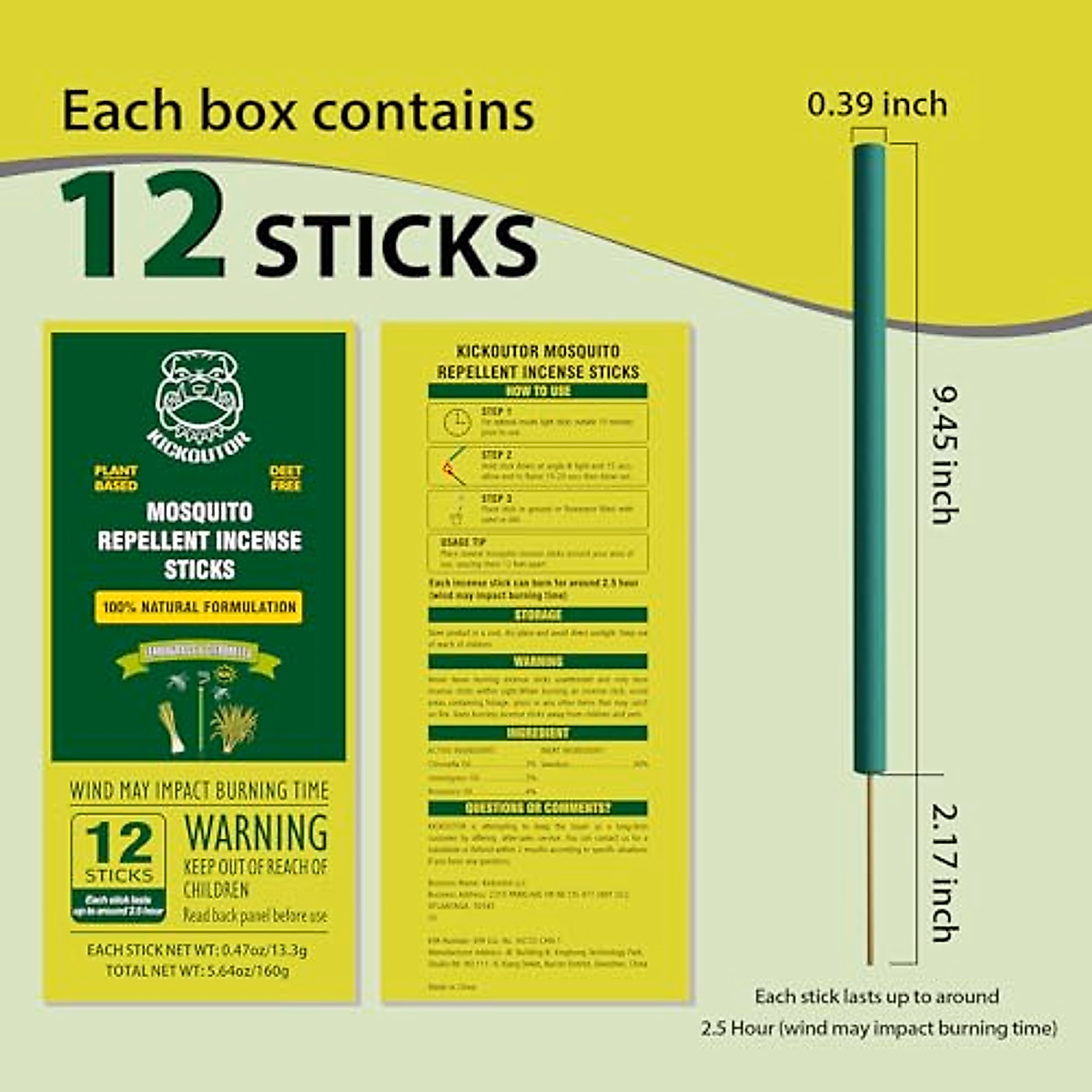 KICKOUTOR Mosquito Repellent Outdoor Patio 12 PCS Natural Citronella Mosquito Incense Sticks DEET Free Mosquito Barrier Repeller for Backyard Travel Camping Indoor Gnat Mosquito Control