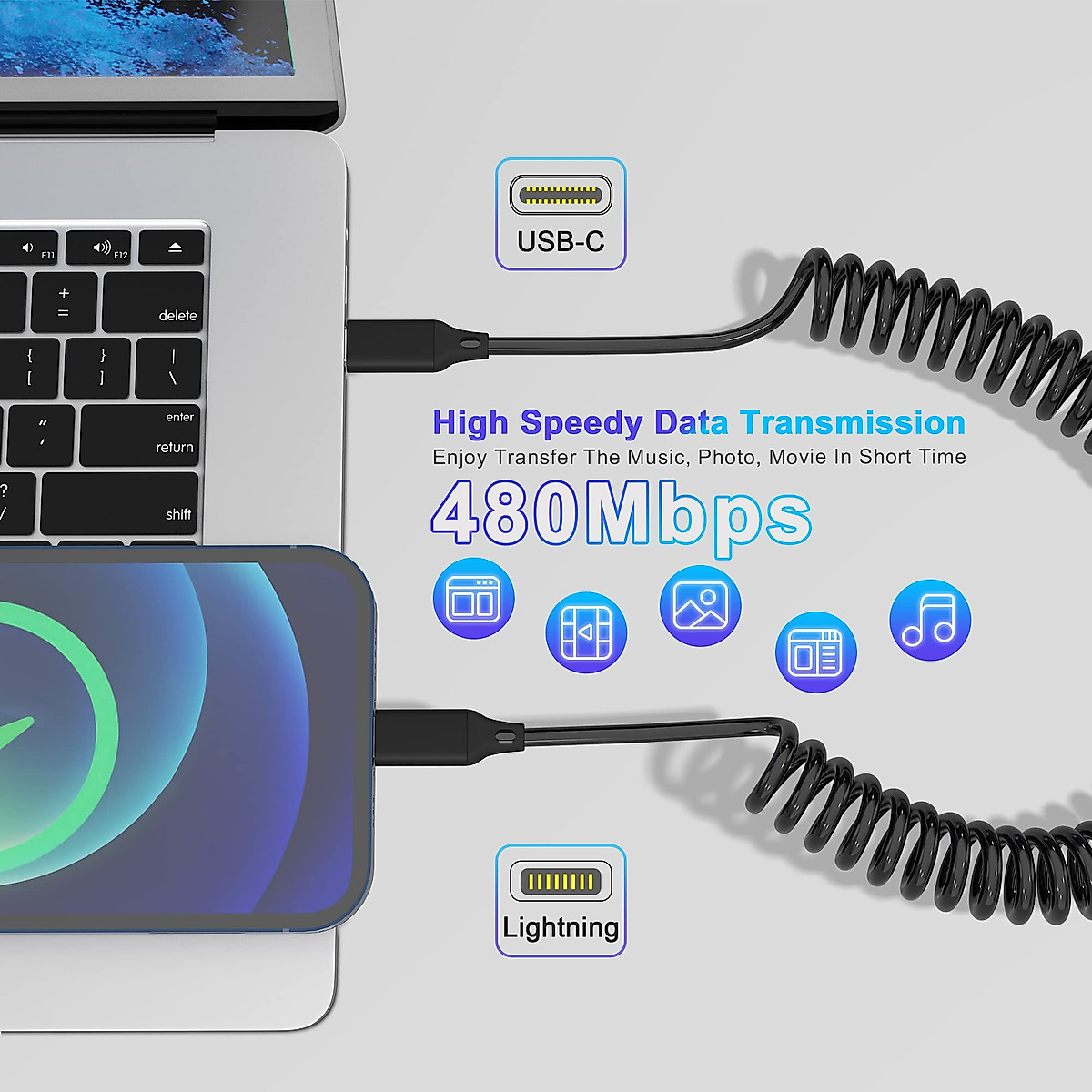 Bawanfa Coiled USB-C to Lightning Cable - MFi Certified Retractable USB C iPhone Cord - Short Charging Cable for Car Compatible with iPhone 13 12 11 Pro Max XR XS X (CarPlay Compatible)