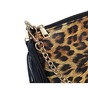 VASTLUCKYWomen Leopard Shoulder Bag Chic Leather Side Tassel Fringed Hobo Envelope Crossbody Purse Clutch Satchel with Wristlet
