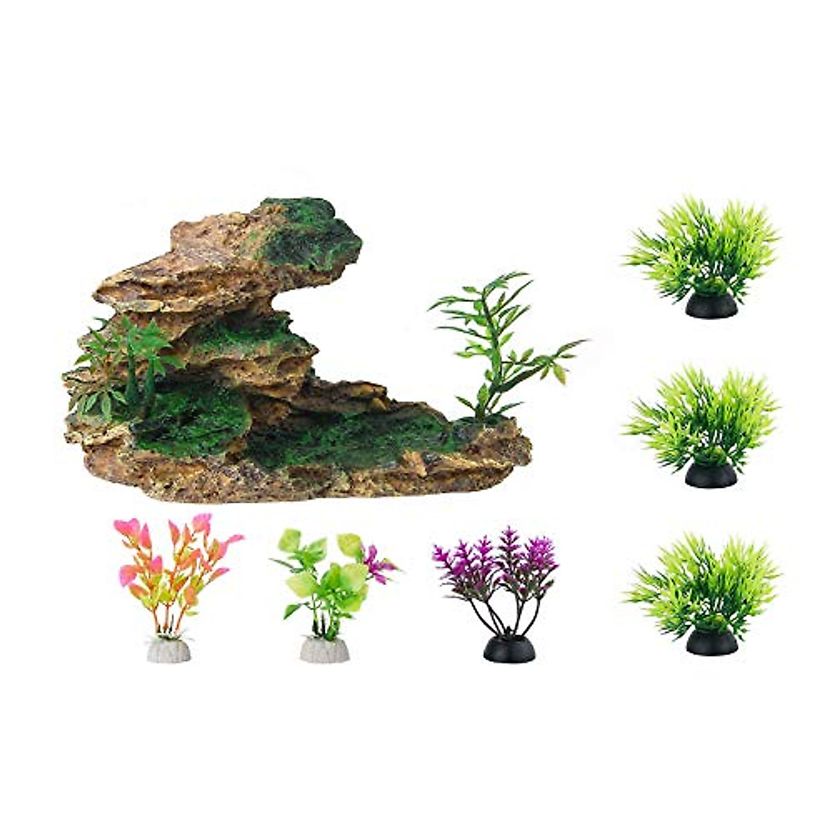 FEDOUR Aquarium Small Mountain View Stone Ornament, Moss Tree Rock Cave Landscape Artificial Fish Tank Decoration, with 6pcs Plants (Ash Browns)