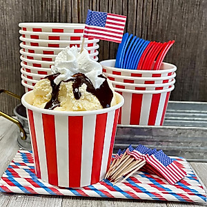 Outside the Box Papers Patriotic Ice Cream Sundae Kit - July Red and White Stripe Paper Treat Cups - Plastic Spoons - American Flag Picks - Paper Straws - 16 Each