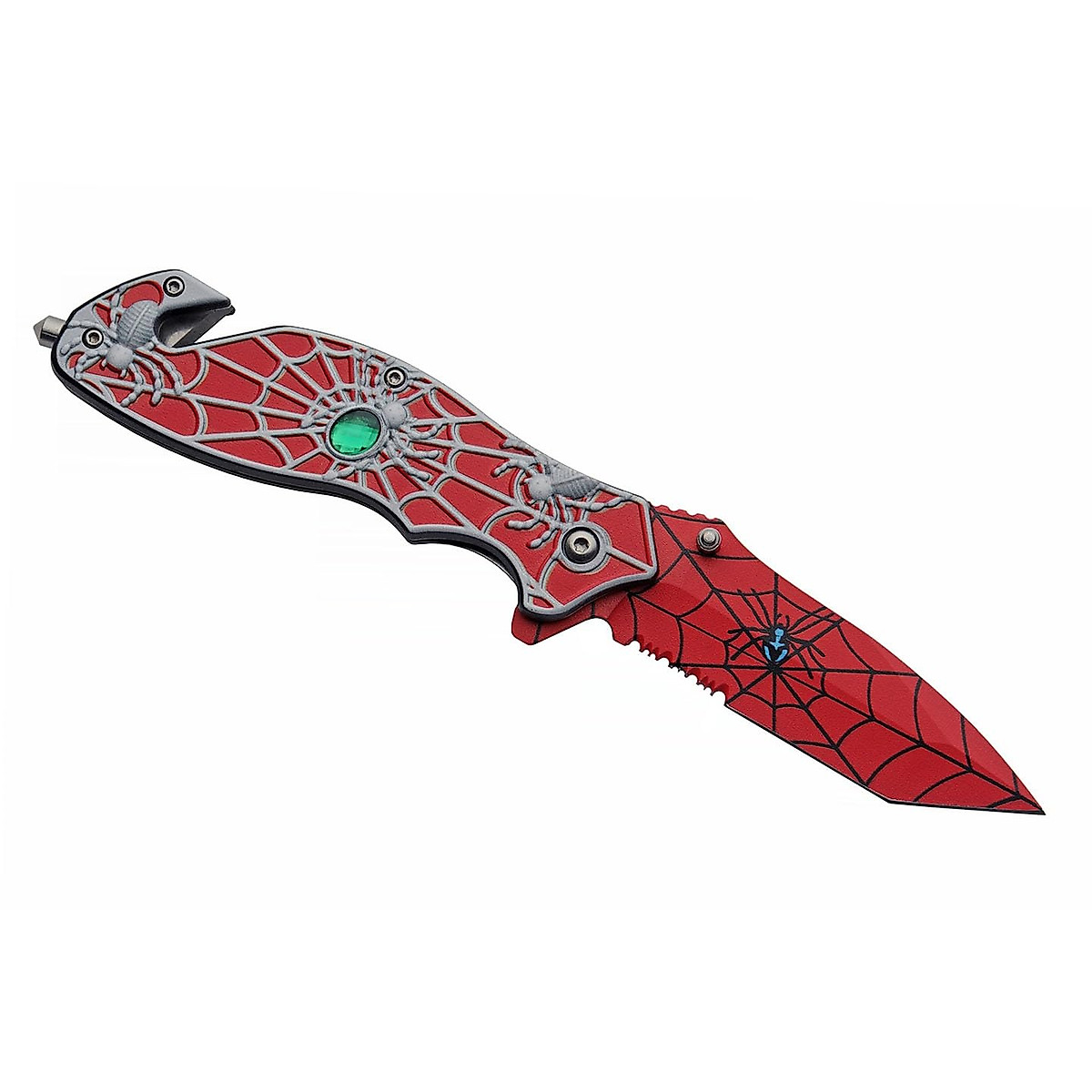 8” Red Spiderweb Assisted Open Pocket Folding Edc Knife Red Stainless Steel Clip Point Blade With Spider Web Print Red Aluminum Handle With Green Jewel Inlay