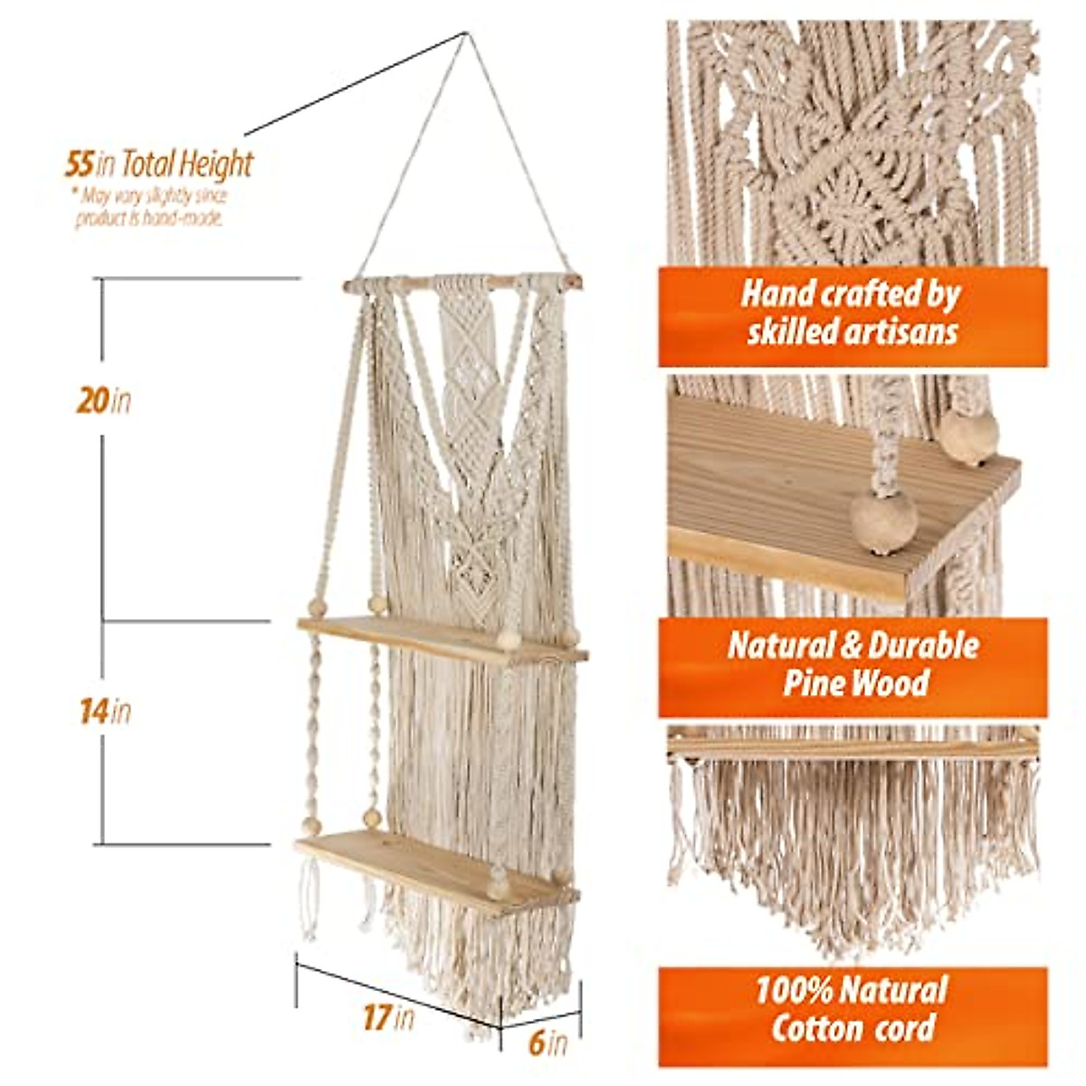 INOVA TYMES Macrame Wall Hanging Shelf 2 Tier - Boho Bedroom Decor | Macrame Wall Decor | Boho Shelf Decor, Hanging Shelves for Wall, Woven Rope Floating Wood Shelves & Storage for Small Plants Books