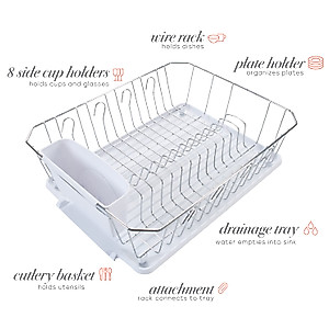 Kitchen Details 3 Piece Dish Rack | Drying Rack, Cutlery Basket & Drainboard Tray | Countertop | Self Draining | Open Wire Design | Chrome | White