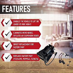 Air Suspension Compressor With Bracket - Air Bag System - Replaces 15254590, 19299545, 15296756 - Compatible with Cadillac, Chevy and GMC SUVs - Escalade, Avalanche, Suburban, Tahoe, Yukon, XL1500
