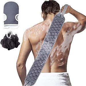 S&R PLKOP Exfoliating Body Scrubber Set - Includes Back Scrubber, Bath Glove and Shower Bath Sponge Loofah - for Women and Men Shower - Deep Clean and Vitalize Your Skin - 3-Pack(36.5*3.7 Inch, Grey)