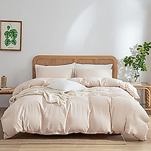 Beige Duvet Cover Queen, 100% Washed Microfiber 3 Pieces Solid Casual Beige Bedding Set for Men and Women, with Zipper Closure, Luxury Ultra Soft Relaxed Feel Natural Wrinkled Comfy (Beige, Queen)