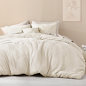 Litanika California King Comforter Set Beige, 3 Pieces Cream Tufted Boho Farmhouse Bedding Comforter Sets, Lightweight Fluffy Comforter Bed Set for All Season (104x96In Comforter and 2 Pillowcases)
