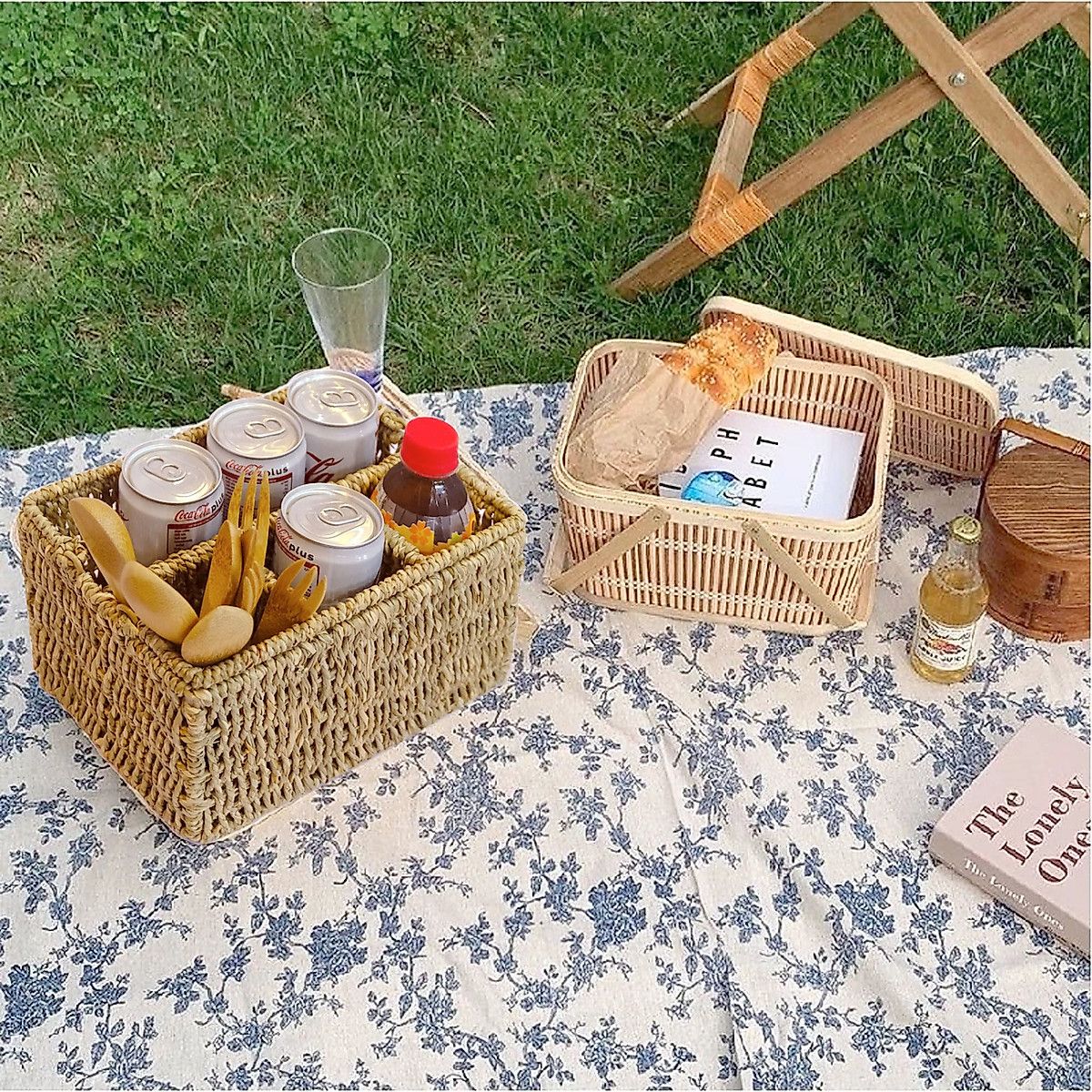 MadeTerra Wicker Utensil Caddy Carrier | Seagrass Woven Divided Cutlery Holder for Table - Kitchen Set Counter Top Organizer - Hold Silverware, Forks, Knives, Spoons, Napkins (Seagrass)