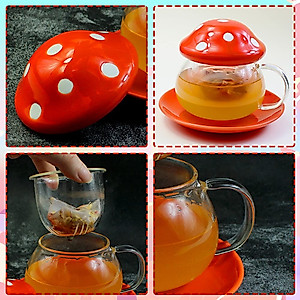BINBE Cute Mushroom Cup,Heat Resistant Glass Tea Cup with Lid & Filter Infuser &Tray Kawaii Gifts Mushroom Mug for Coffee,Loose Leaf Tea,Milk (Orange)