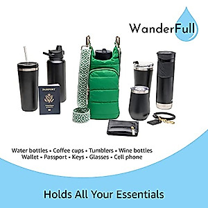 WanderFull Crossbody HydroBag - Water Bottle Holder - Quilted Bottle Bag - Water Bottle Carrier with Strap - Stylish Puffer Tote for Water Bottle (Green with Patterned Strap)