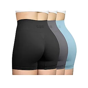 OQQ Women's 3 Piece Workout Seamless High Waist Butt Liftings Exercise Athletic Shorts, Black Grey Blue, Medium
