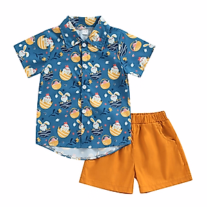 Balaflyie Toddler Boy Easter Outfits Short Sleeve Bunny Shirt Button Down Blouse Solid Shorts Set Summer Clothes (Dark Blue, 18-24 Months)