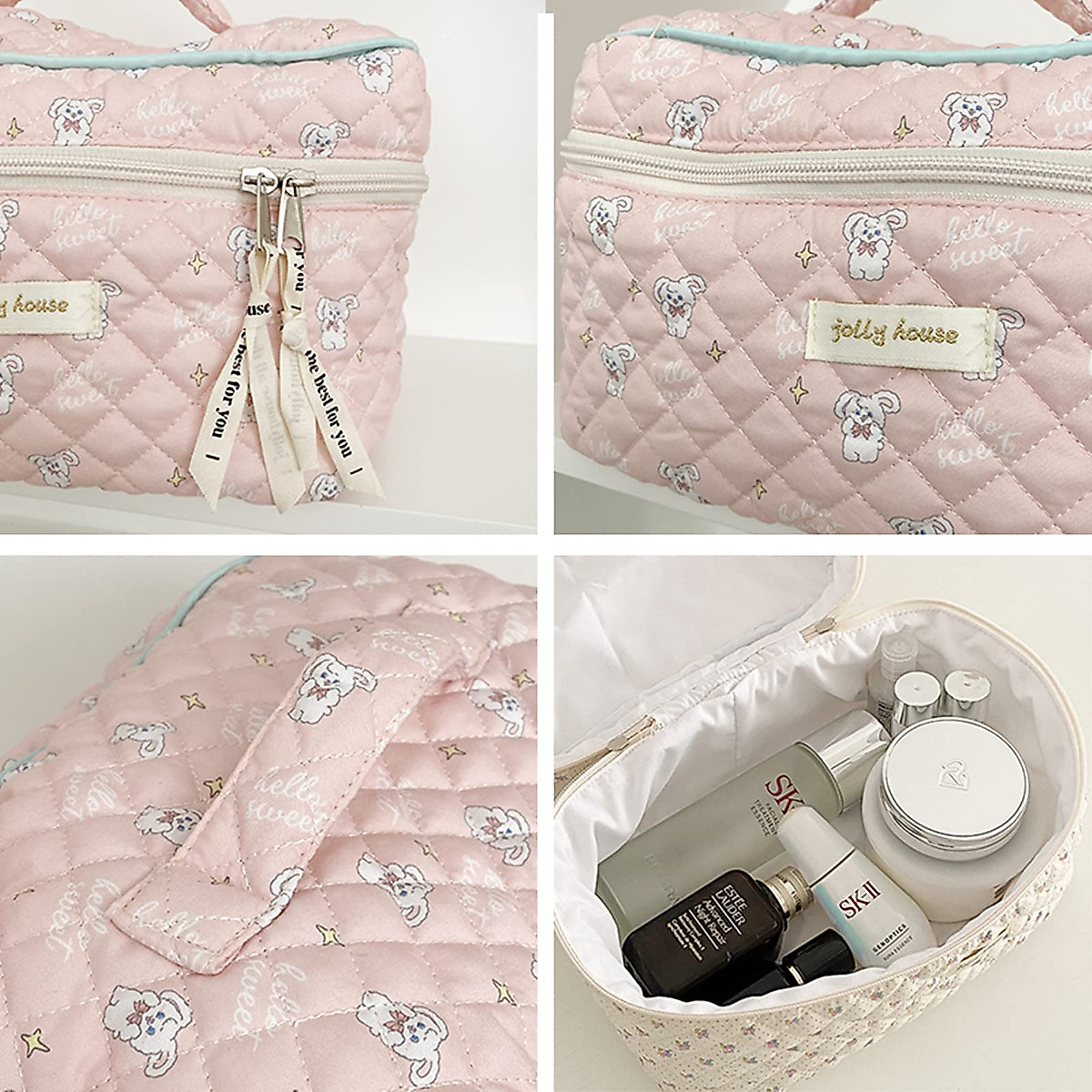 Dalulu Kawaii Floral Makeup Bag Coquette Aesthetic Cosmetic Bag Large Travel Make up Organizer Cute Pouch Cotton Quilted Toiletry Bag for Women Girls Kawaii Stuff (L-Beige Flowers)