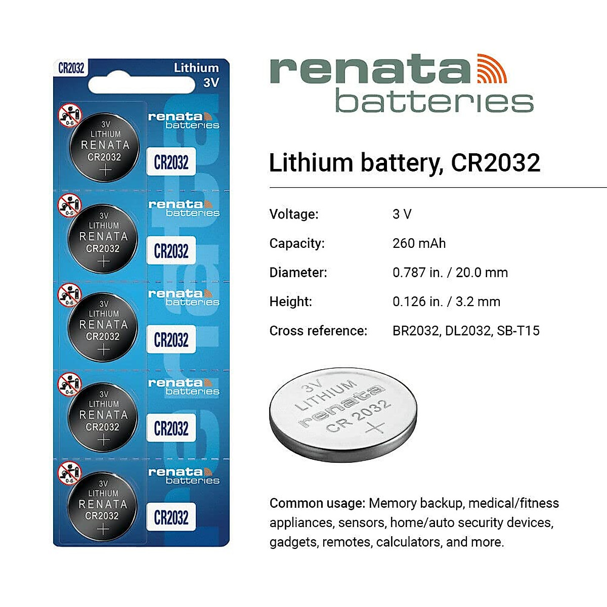 Renata CR2032 Batteries - 3V Lithium Coin Cell 2032 Battery (20 Count)